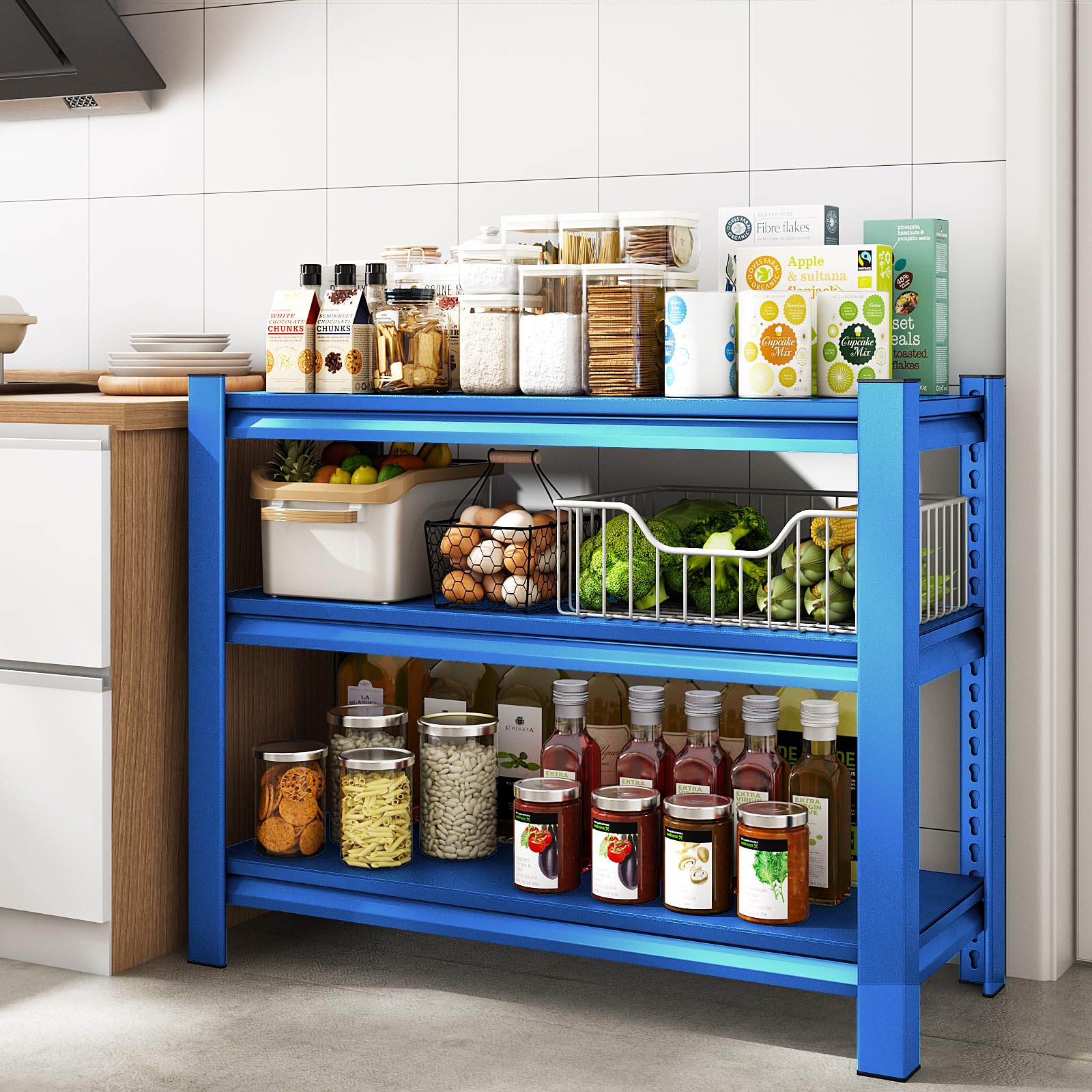 Rufokisa 40" W Garage Shelving Heavy Duty,1500LBS Loads Adjustable Garage Storage Shelves,3-Tier Metal Storage Racks and Shelving Units, Utility Rack Shelves,40”W x 18”D x 36”H,Blue