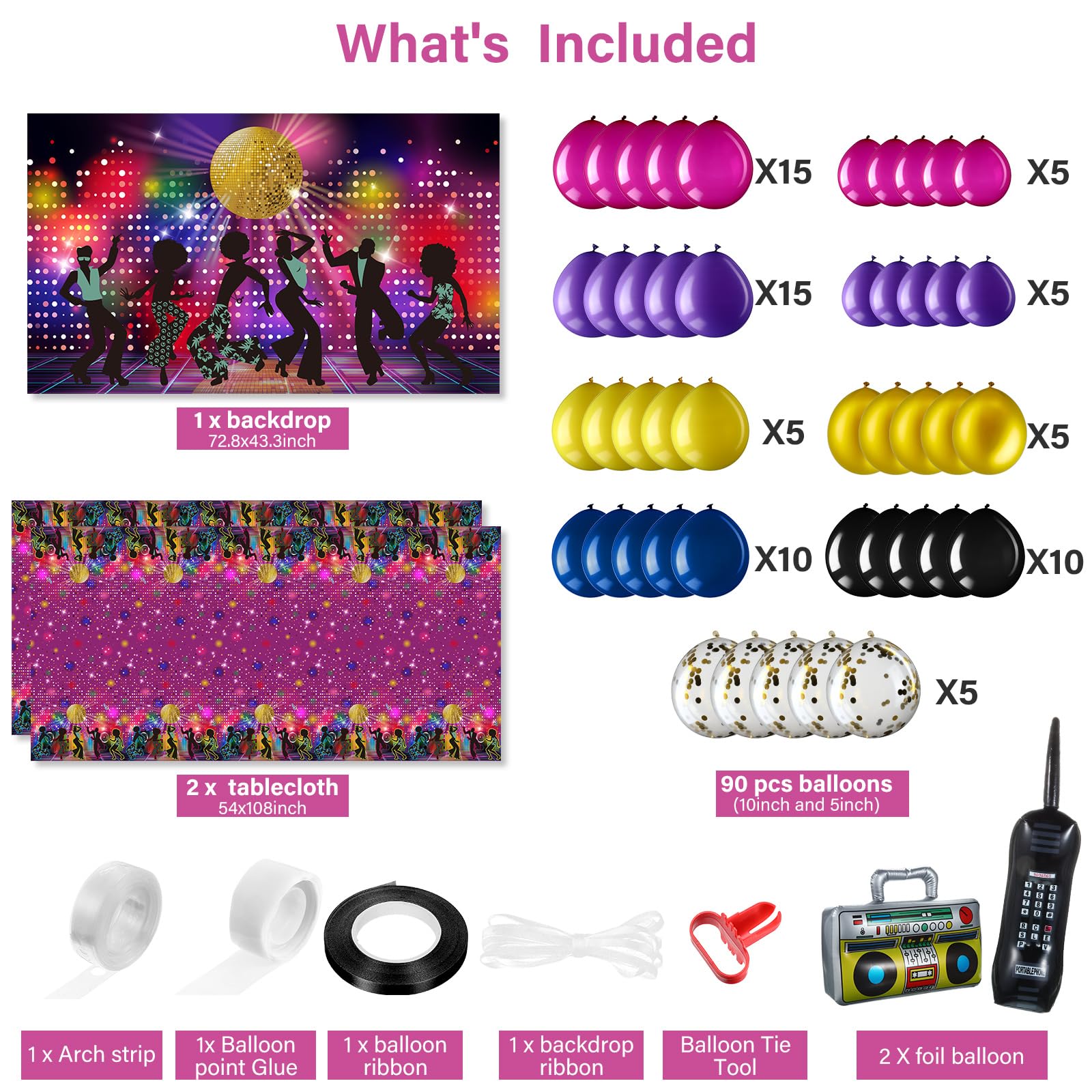95 Pcs 70s Party Decorations Disco Party Balloons Decoration 70's Party Bundle Includes Inflatable Radio Boombox and Mobile Phone, Disco Plastic Party Backdrop, Tablecloth, Balloons for Hip Hop Party