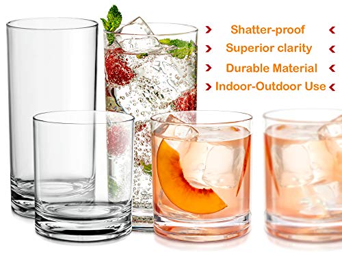 Le'raze Collins Glasses Elegant Acrylic Drinking Glasses [Set of 16] Attractive Clear Plastic Tumblers - Unbreakable Drinkware Set Ideal for Indoor and Outdoor - Kid Friendly