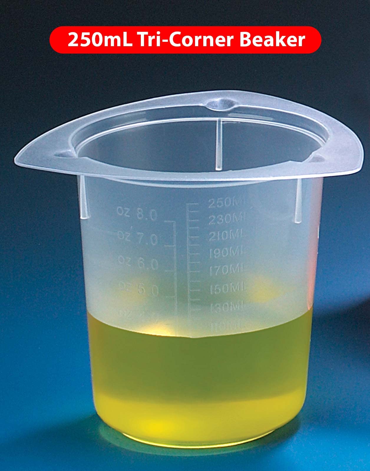 Globe Scientific 3642 Clarified Polypropylene Three Corner Graduated Beaker, Economy Style, 250mL Capacity, Pack of 100