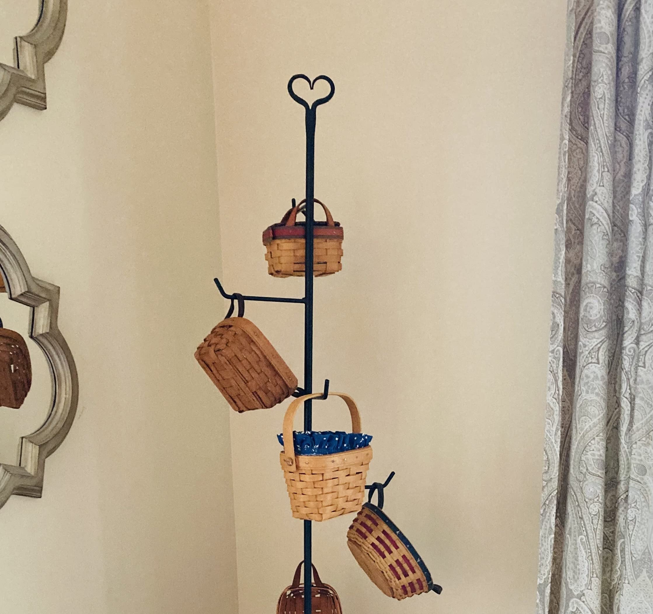 Boxwood and Mum Hanging Storage Basket Stand, Holder, Storage Rack Display Tree, Cloth or Hat Organizer Hanging Storage Farmhouse Style Rustic Home Decor (Rustic Heart)