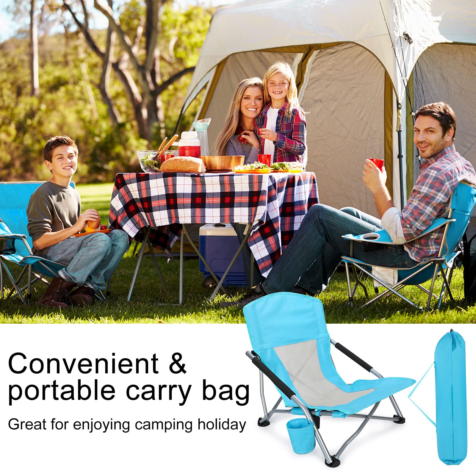 4 Pcs Beach Chairs for Adults Folding Beach Chairs Low Seat Camping Stool Mesh Back Beach Portable Chair with Cup Holder Carry Bag for Outdoor Lawn Picnic Beach Camping (Blue)
