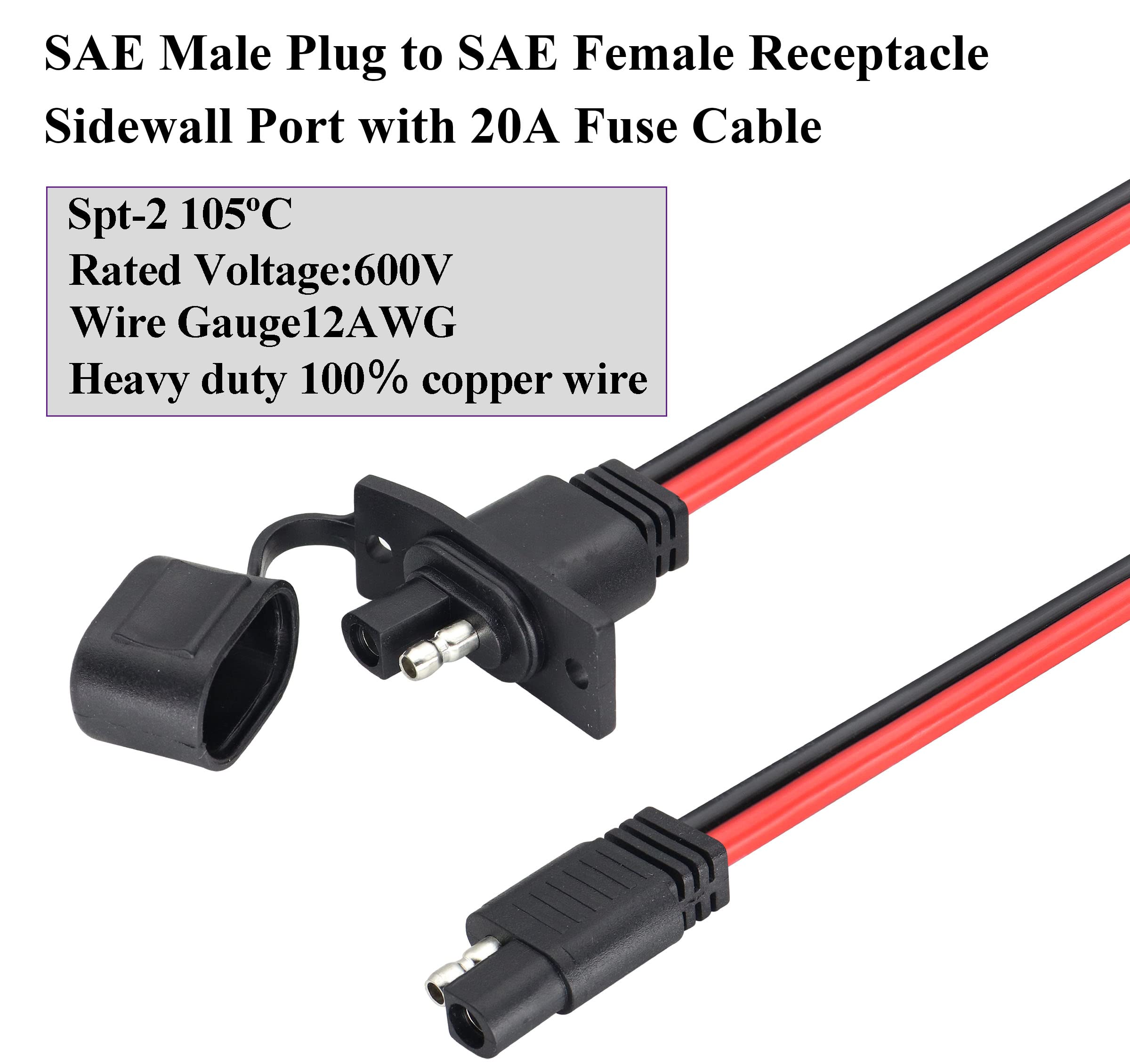 AAOTOKK SAE to SAE Solar Power Outlet Sidewall Port Cable,12AWG Weatherproof SAE Quick Connect Solar Panel Mount Universal Recessed with 20A Fuse Cable for Generator Battery Charger(1.5M/5ft-1Pack)