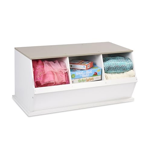 Badger Basket Three Bin Stackable Toy Storage Cubby Organizer - White/Gray Woodgrain