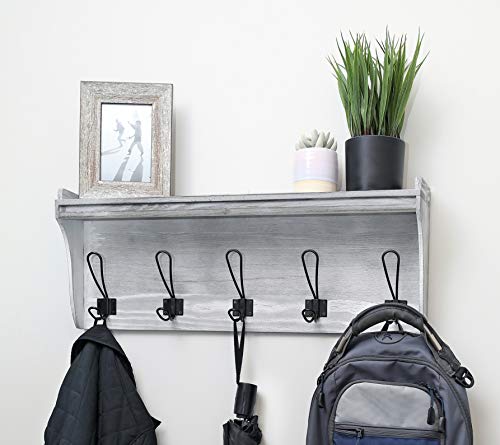 Seremeo Wooden Coat Rack, Wall Mounted Coat Rack with Shelf, Grey or Brown Mudroom Organizer, 26 inch Entryway Shelf with 5 Coat Hooks (Rustic Grey or Brown)