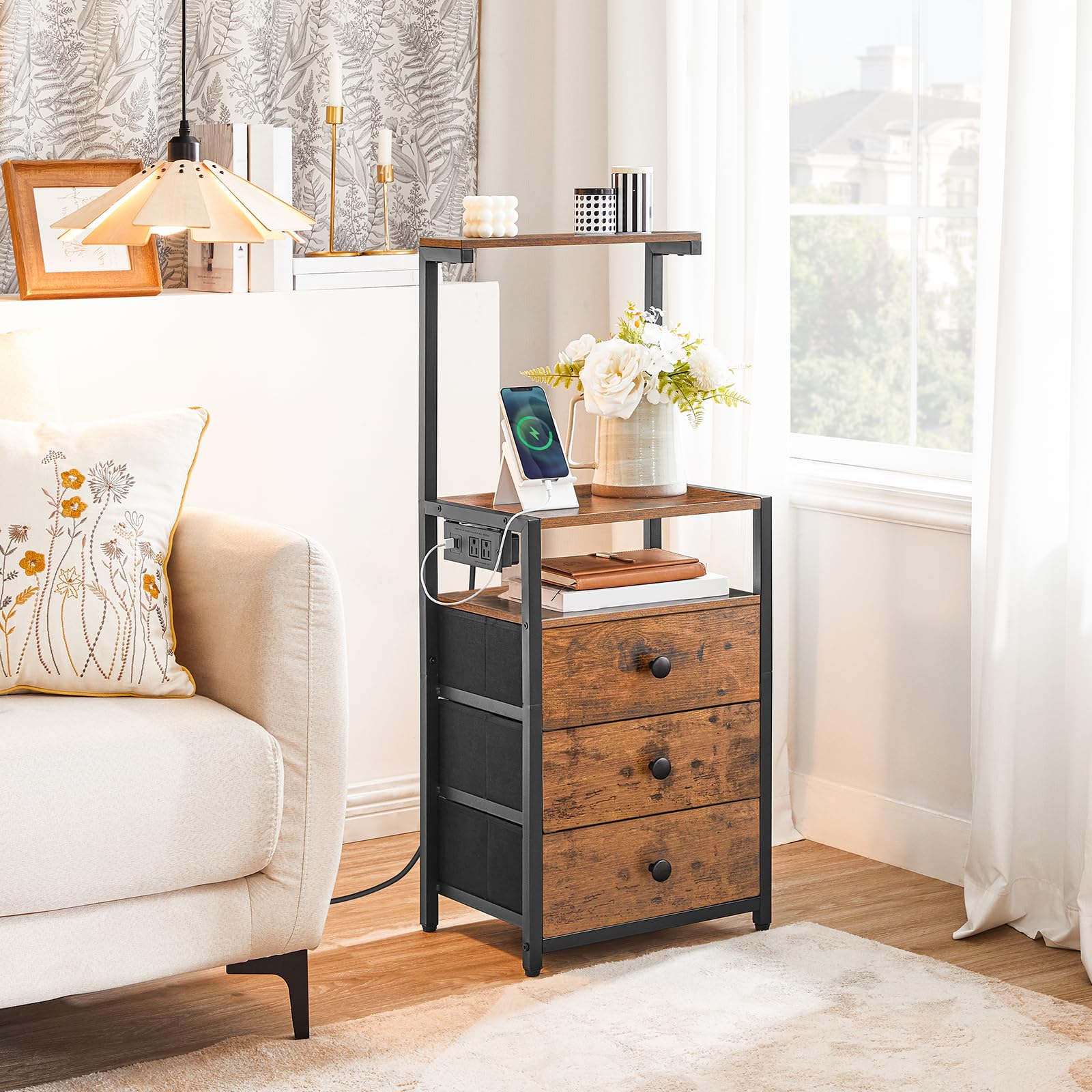 HOOBRO Nightstand with Charging Station, End Table with 3 Drawers and Storage Shelves, Side Table with USB Ports and Outlets, Bedside Table for Bedroom, Rustic Brown and Black BF131UBZ01