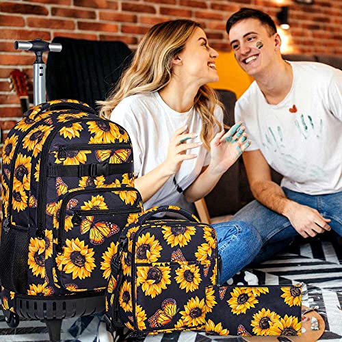 Rolling Backpack for Girls, 21 Inch Roller Wheeled Sunflower Flowers Bookbag for Students School, Water Resistant Elementary Travel Backpacks with Wheels