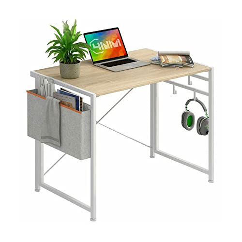 4NM 35.4" Wide Foldable Modern Writing Desk with Fabric Storage Side Catty for Papers and Storage 4 Hooks for Bedroom or Office, White