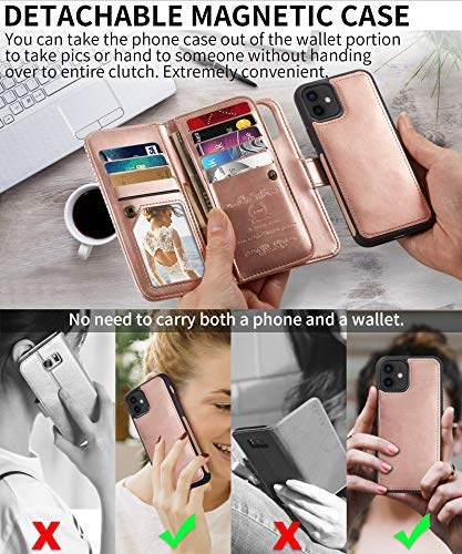 CASEOWL Wallet Case Compatible for iPhone 12/12 Pro, Magnetic Detachable 2 in 1 Folio Leather Wallet Case with 9 Card Slots,Hand Strap,Compatible for iPhone 12/12 Pro 6.1 inch 2020 (White&Rose Gold)
