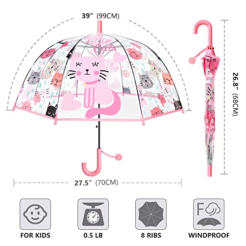 RONIARE Kids Umbrella Clear Bubble Umbrellas for Rain,Safety Dome Windproof Umbrella for Kid Girls and Boys(Cat Pink)