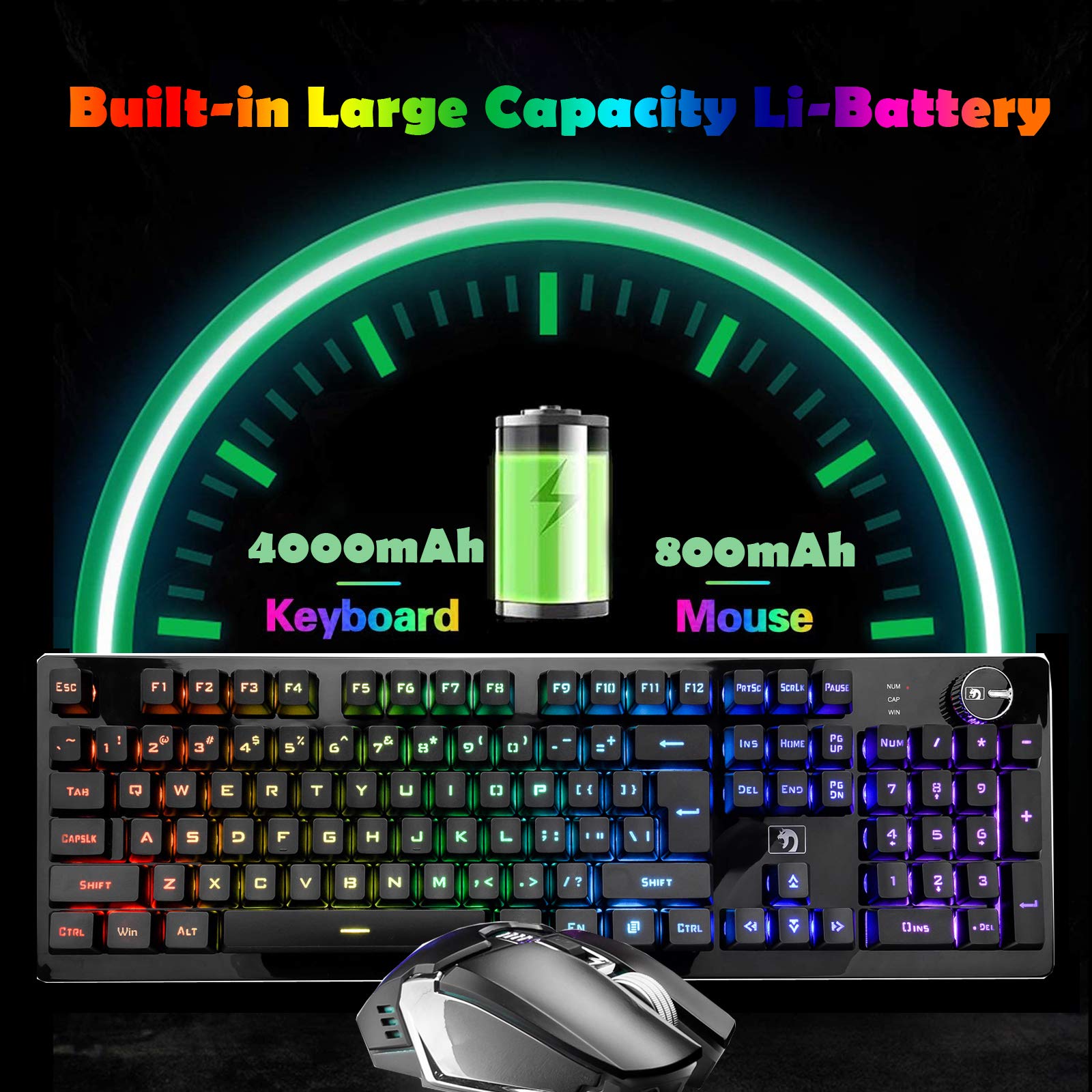 Rechargeable Gaming Keyboard Mouse Combo,2.4G Wireless,16 Kinds of RGB LED Backlit,Mechanical Feeling Keyboards with Knob Control,2400dpi Ergonomic Mouse with 7 Color Breathing LED Light (Black RGB)