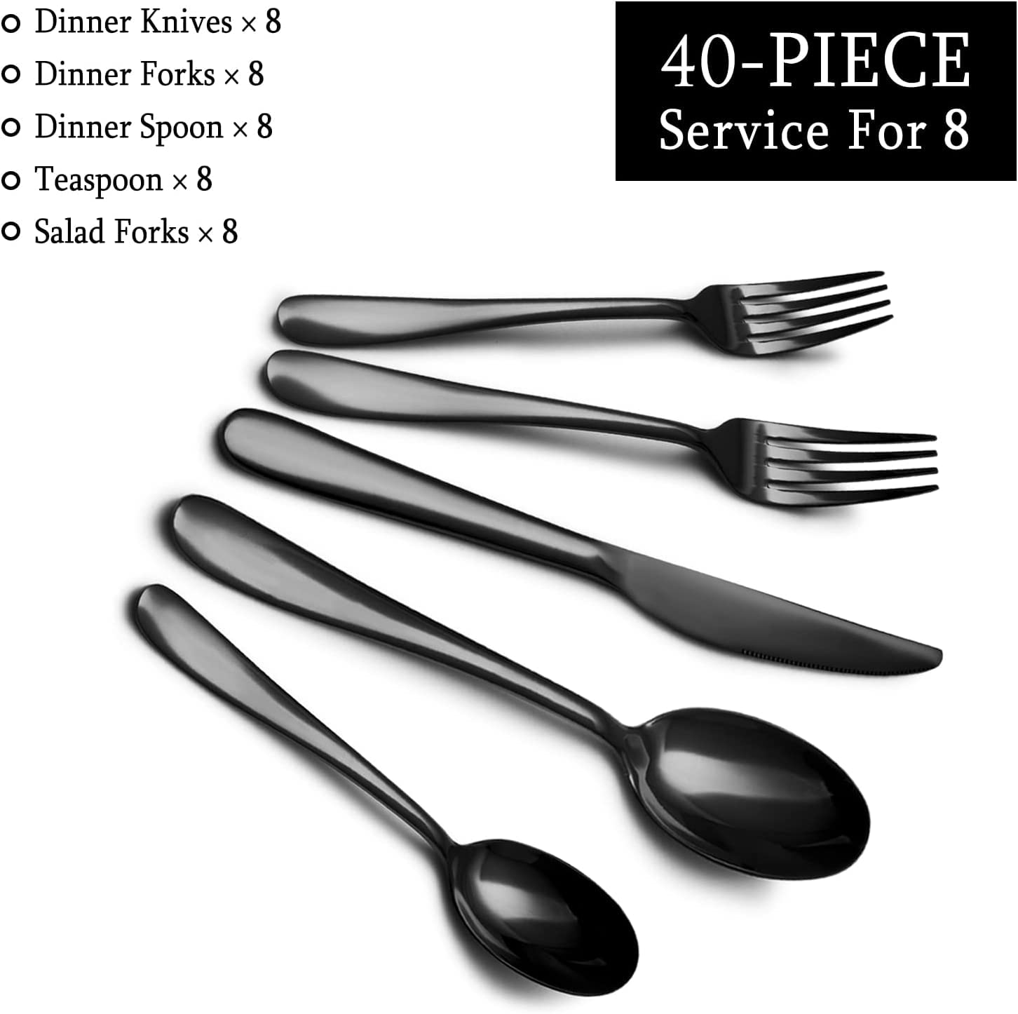 40-Pieces Black Silverware Set - Stainless Steel Flatware Cutlery Set - Mirror Polished Tableware Untensils with Dinner Knife/Forks/Spoons for 8
