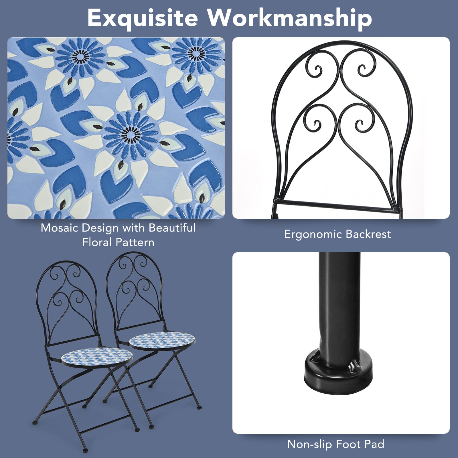 Giantex 2 Pieces Folding Bistro Chairs, Mosaic Patio Chairs with Ceramic Tiles Seat and Exquisite Floral Pattern, Outdoor Dining Chairs for Deck, Garden and Backyard (Blue & Black)