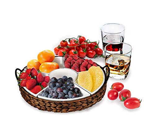 Serving Tray and Serving Dishes, RANDEFURN 7-Set Gold Platters for Parties,15.5 x 15.5 inches, Divided Serving Trays & Platters, Portable Handle,Gold