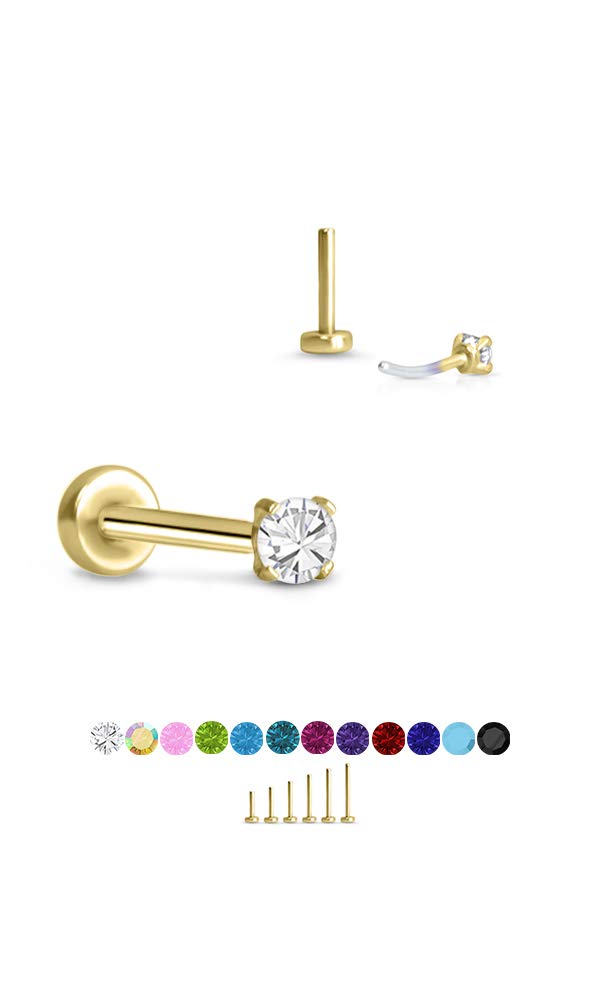 316 Stainless Steel Yellow Gold-Tone Threadless Push Pin Nose Ring Labret Monroe Stud 1.5mm Prong Teal CZ 18G