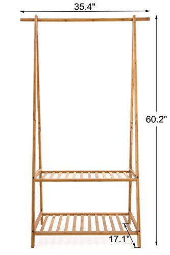 Finnhomy Bamboo Clothes Rack Portable Extra Large Garment Rack 2-Tire Storage Box Shelves For Entryway and Bed Room Patented Design