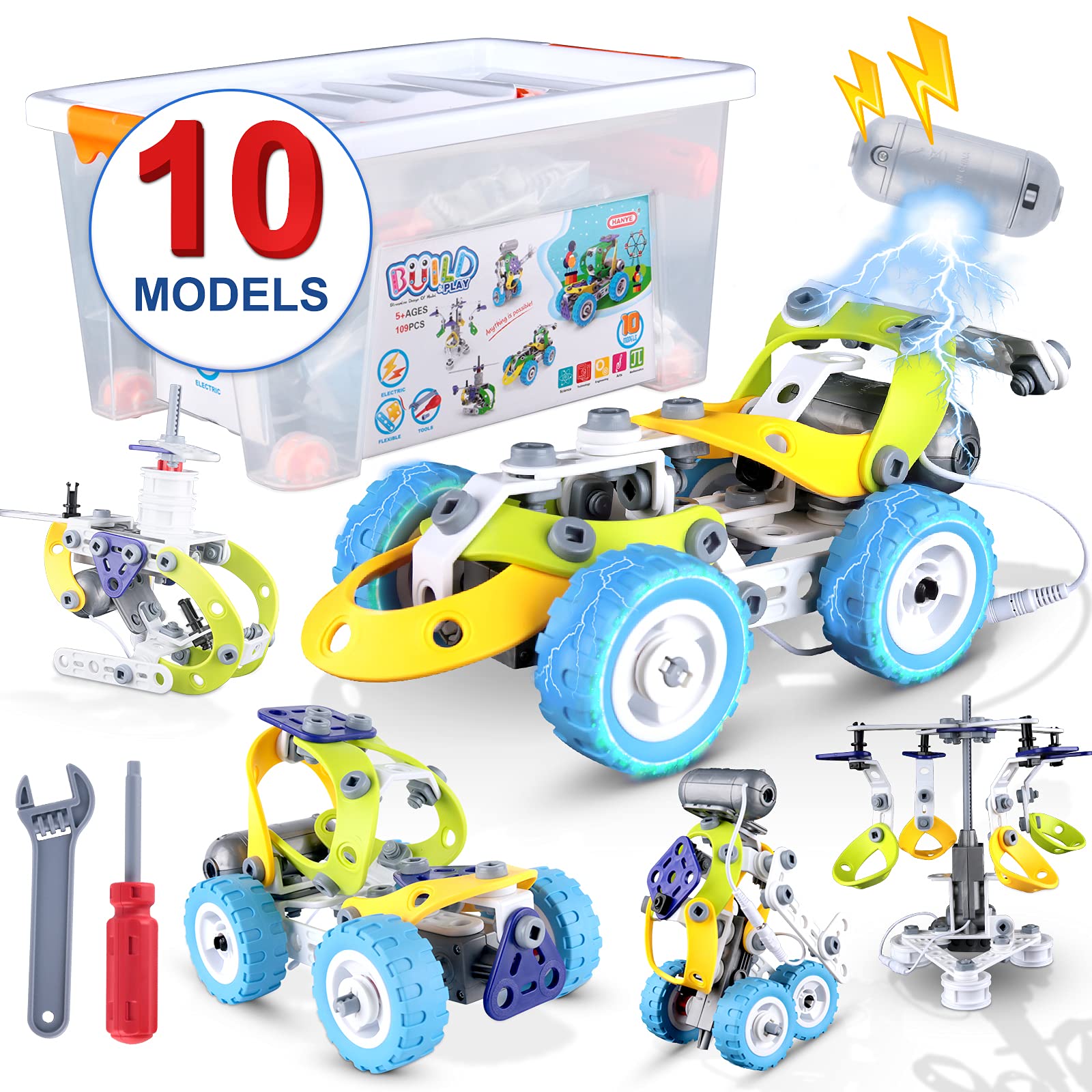 BRUVISH 10 in 1 Building Toy Set, STEAM Building Blocks with Electric Powered Motor for Children Boys Girls, Construction Toys with Tools for Kids Age 5 6 7 8 9 10 11 12, Engineering Building Bricks