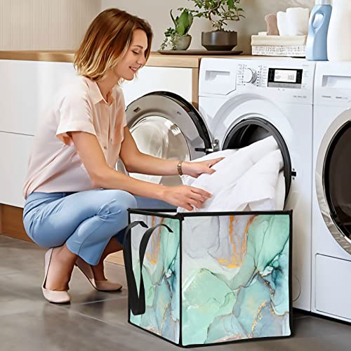 Blueangle Green Marble Texture Cube Storage Bin with Handles, 13 x 13 x 13 in, Large Collapsible Organizer Storage Basket for Home Décor(492)