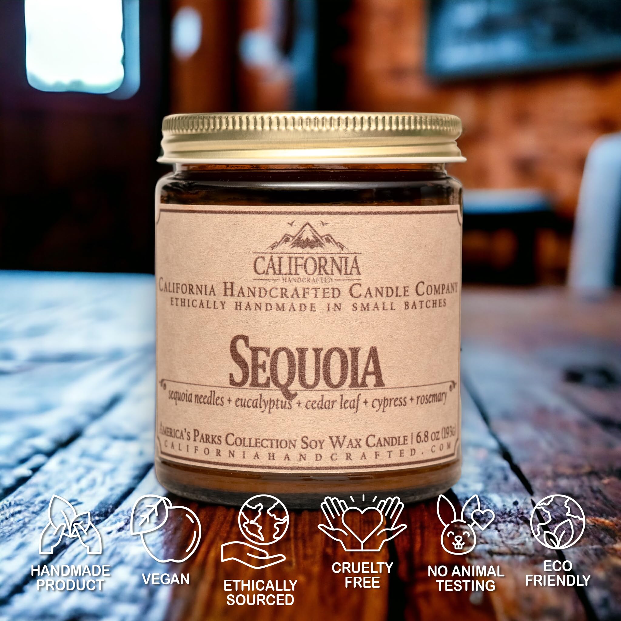 California Handcrafted Sequoia National Park Amber Jar Soy Wax Candle - Sequoia Needles, Eucalyptus, Cedar Leaf, Cypress, Rosemary, 9 oz, America's National Parks Collection