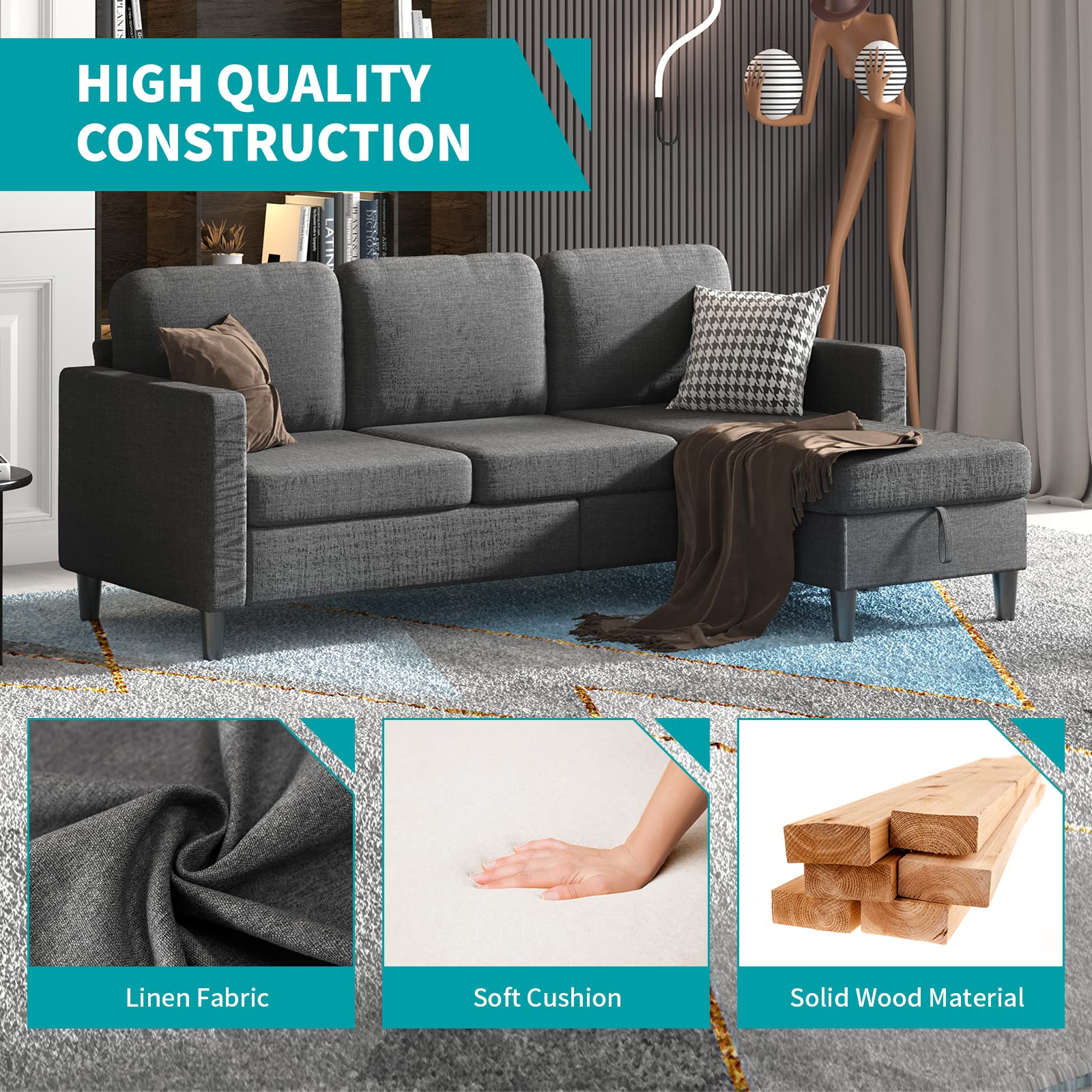 BALUS Sillones para Sala Convertible Sectional Sofa Couch,3-seat L-Shaped,Reversible Modern Couch with Movable Storage Ottoman Chaise, Free Combination Sofa for Living Room and Office(Dark Gray)