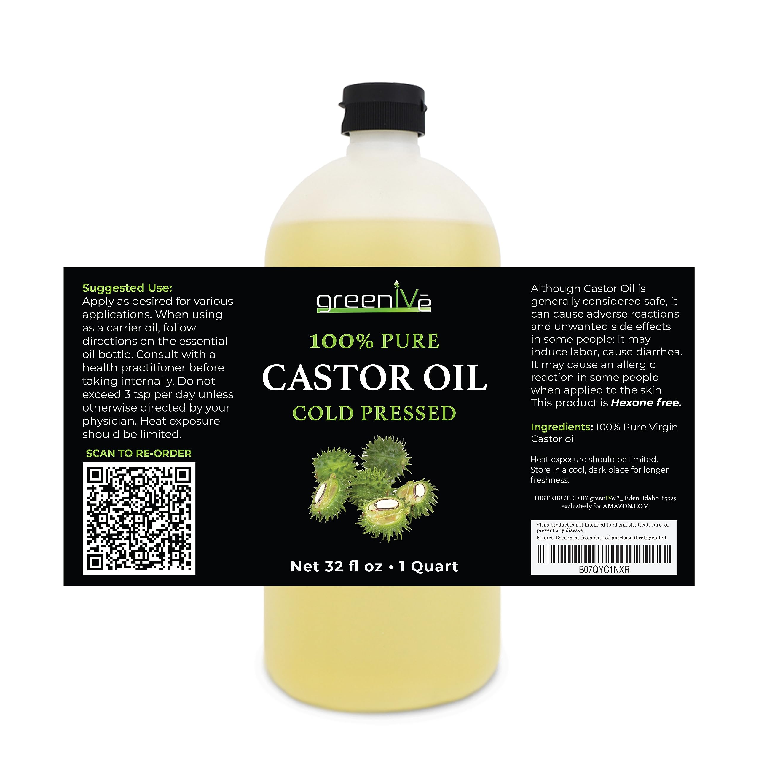 GreenIVe Castor Oil Organically Grown 100% Pure 32oz Bottle Cold Pressed, Hexane Free, Eyelash and Eyebrow Growth Serum, Skin Moisturizer Detox and Wraps