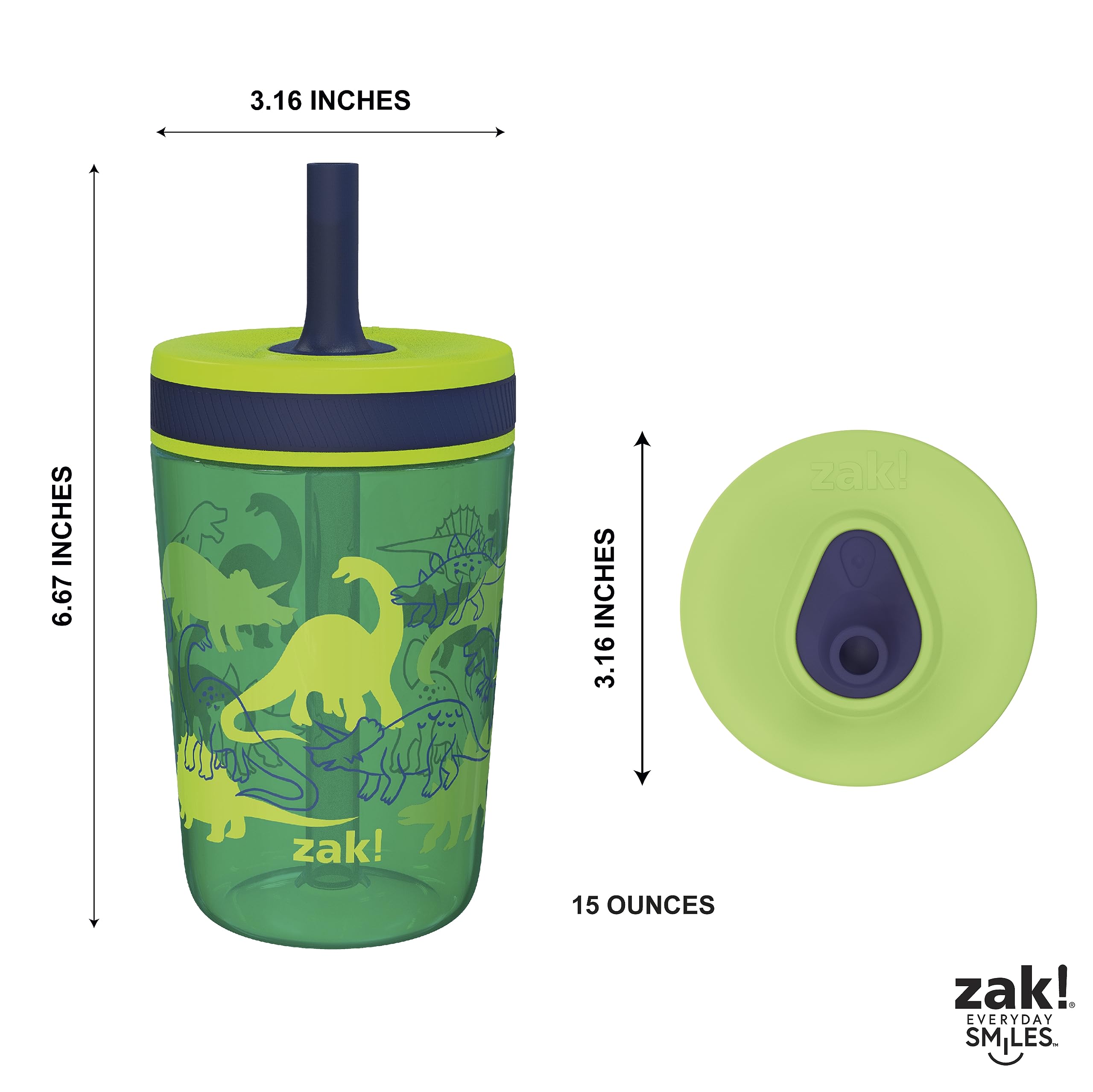 Zak Designs Kelso 15 oz Tumbler Set, (Dino Camo) Non-BPA Leak-Proof Screw-On Lid with Straw Made of Durable Plastic and Silicone, Perfect Baby Cup Bundle for Kids (2pc Set)