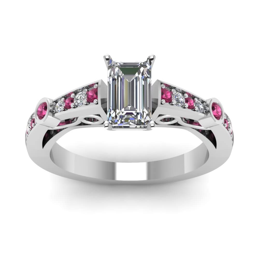 55Carat Tapered Vintage Engagement Ring Sterling Silver Created Pink Sapphire Emerald Shape Pink Color Vintage Engagement Rings Bezel Setting in Size 7 Handcraft Chakra Healing