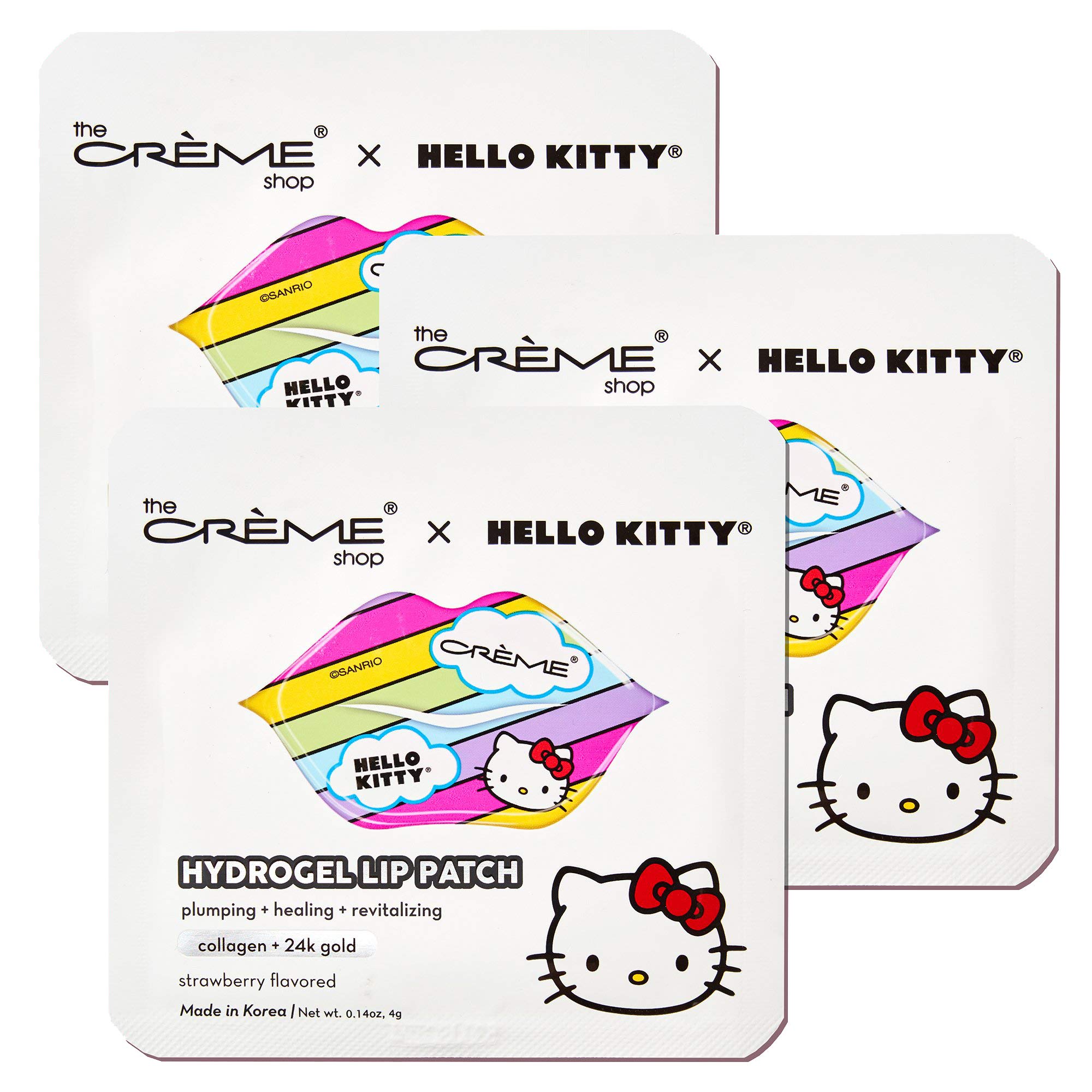 The Crème Shop x Hello Kitty Hydrogel Lip Patch | Strawberry Flavored, Collagen and 24k Gold, Remove Dead Skin, Moisturize lips, Pale Lip Treatment, Anti Aging - 3 Pack