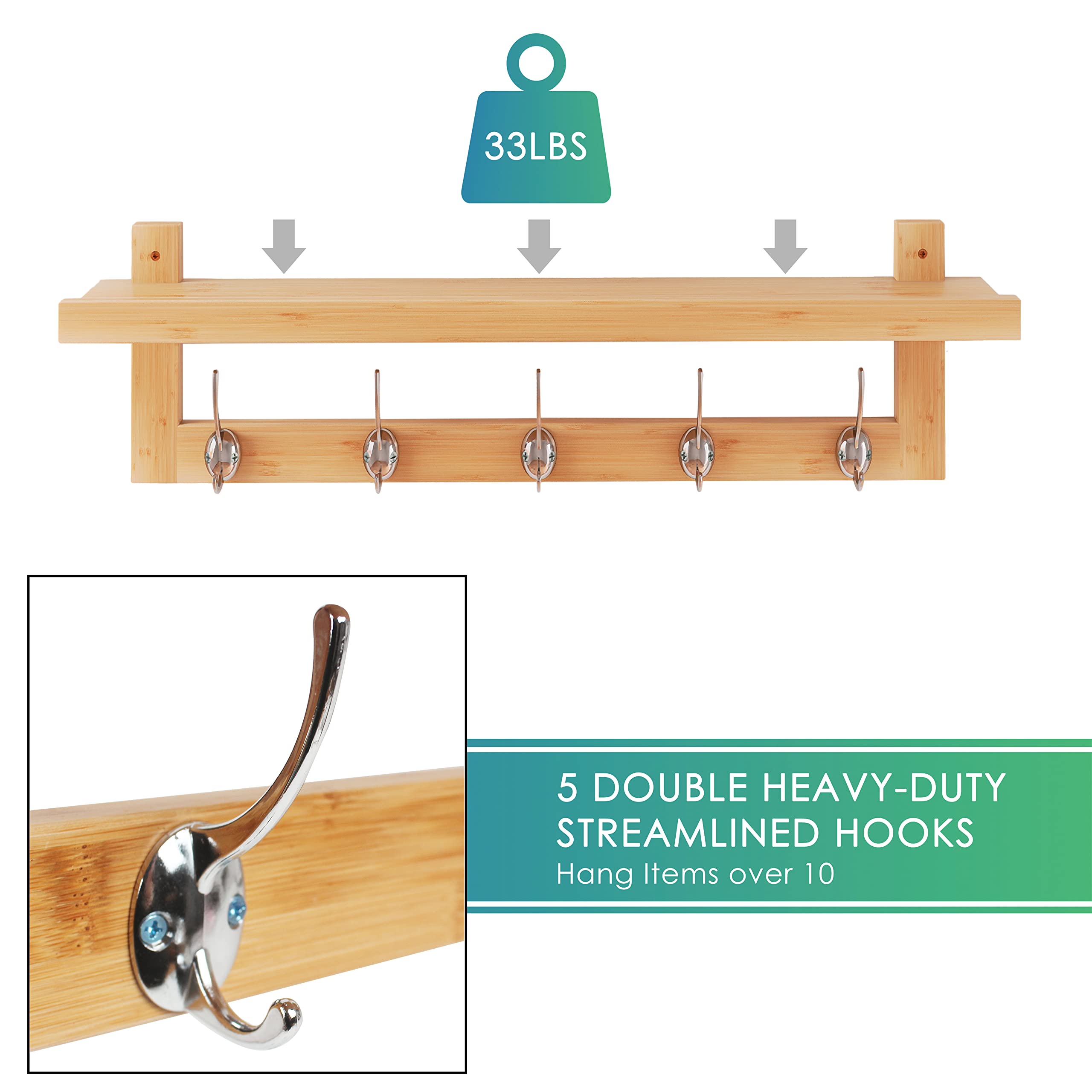 SMIBUY Coat Hooks with Shelf Wall-Mounted, 29.2 Inch Entryway Coat Rack for Wall, Bamboo Hanging Shelf with 5 Double Metal Hooks for Bathroom, Bedroom, Kitchen, Living Room, Mudroom (Natural)