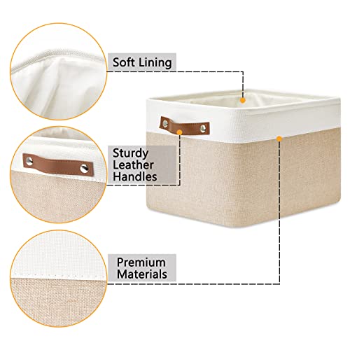 DULLEMELO Fabric Storage Bins for Laundry, Home, Foldable Storage Baskets for Shelves, Toys, Collapsible Storage Bins for Office, Closet,Bedroom(White&Khaki,15"x11"x9.5",4-Pack)
