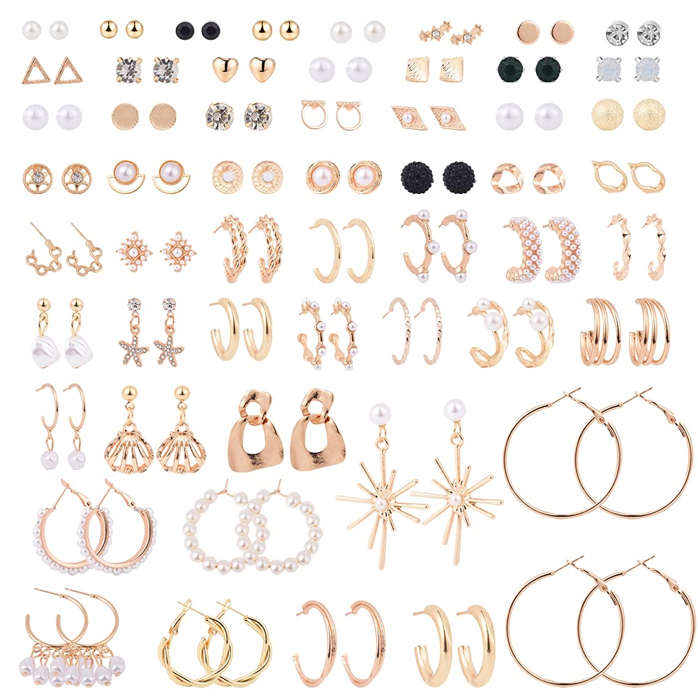 56 Pairs Earrings Sets for Women Pearl Hoop Earring Assorted Multiple Stud Earrings Set Simple Cute Jewelry (#1)