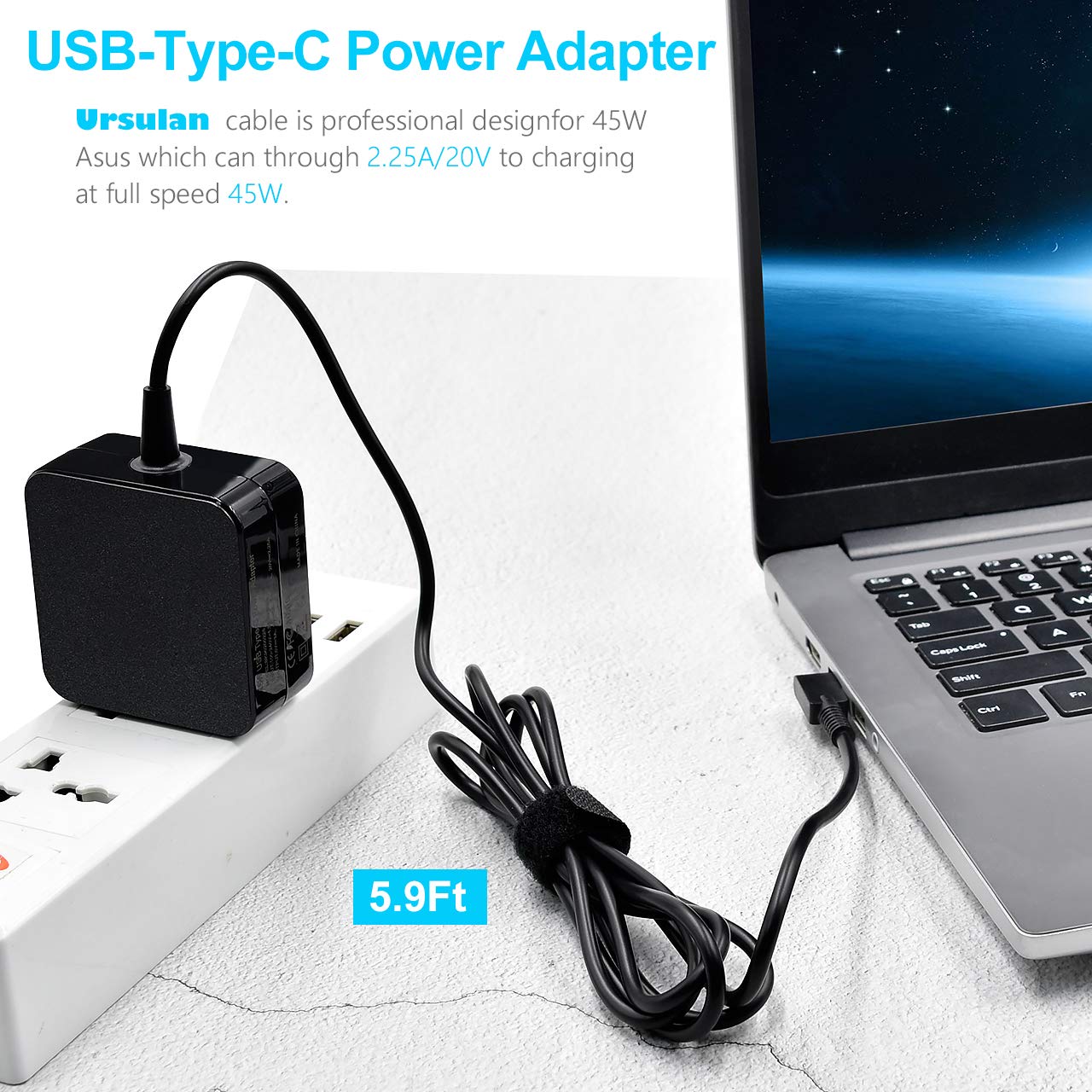 45W USB C Wall Charger with Power 180 Degree Rotatable Plug, Laptop Fast Charging Adapter Built-in 5.9ft Type C Cable for Switch NS, MacBook 12 inch/Pro 2016 Version/Air, Dell XPS, Surface Go