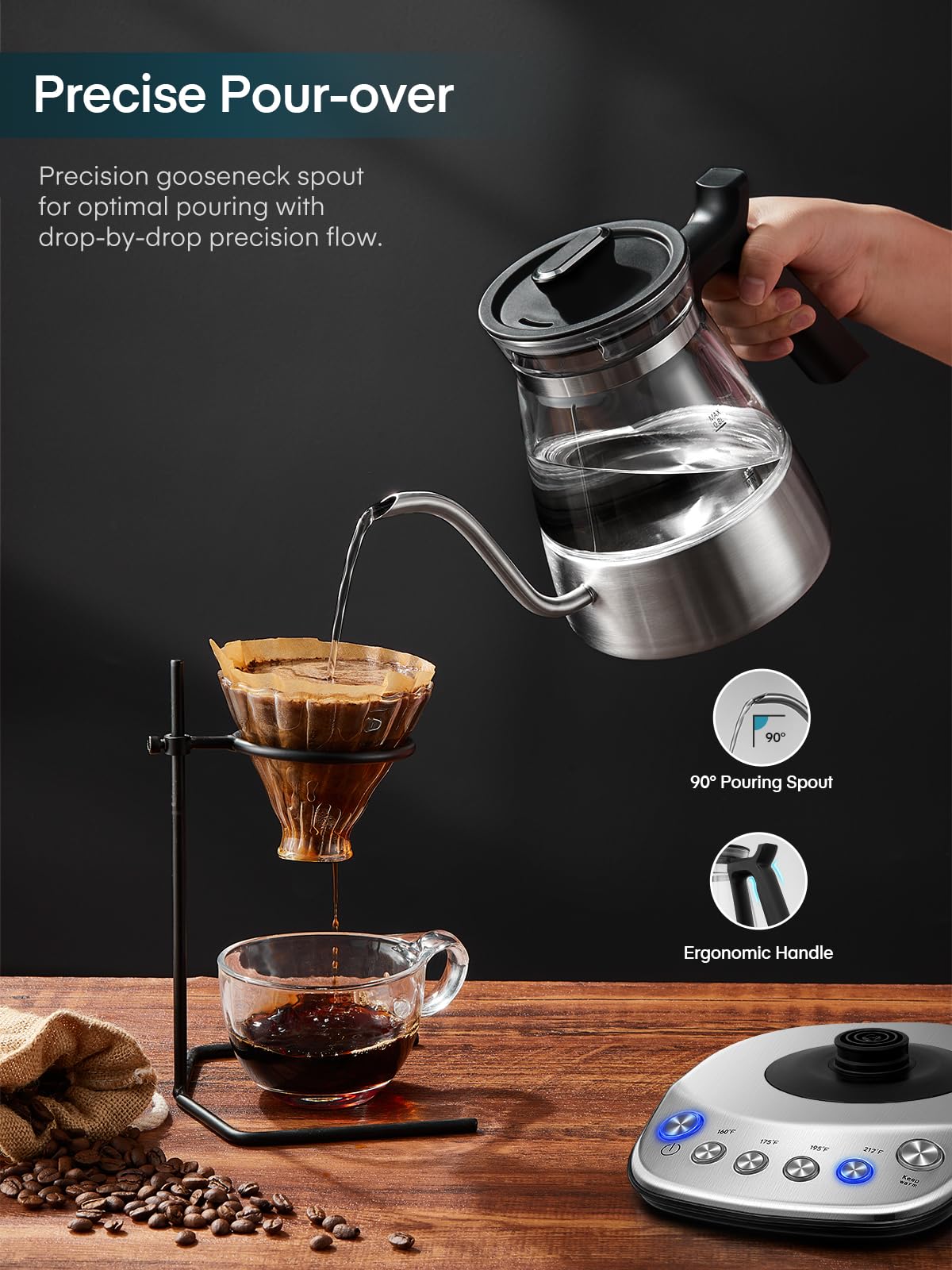 Aiheal Electric Gooseneck Kettle, Glass Electric Tea Kettle with 4 Temperature Control Presets and Keep Warm Function, Pour Over Kettle for Coffee and Tea, Hot Water Boiler, Quick Heating, 1200W/0.8L