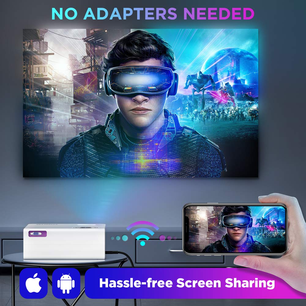 5G WiFi Bluetooth Projector 4K Support, 450 ANSI Native 1080P WIMIUS W6 Outdoor Movie Projector with 300" Display , 4P/4D Keystone, 50% Zoom, Video Projector Compatible iOS/Android/TV Stick/PS4/PPT
