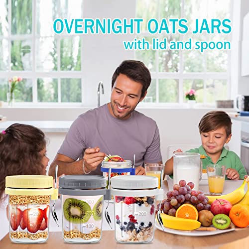 Alitake Overnight Oats Container with Lid and Spoon - 16 oz Glass Overnight Oats Jars with Measurement Mark - 4 Pcs Portable Large Capacity Airtight Mason Jars for Overnight Oats, Cereal, Milk, Fruit