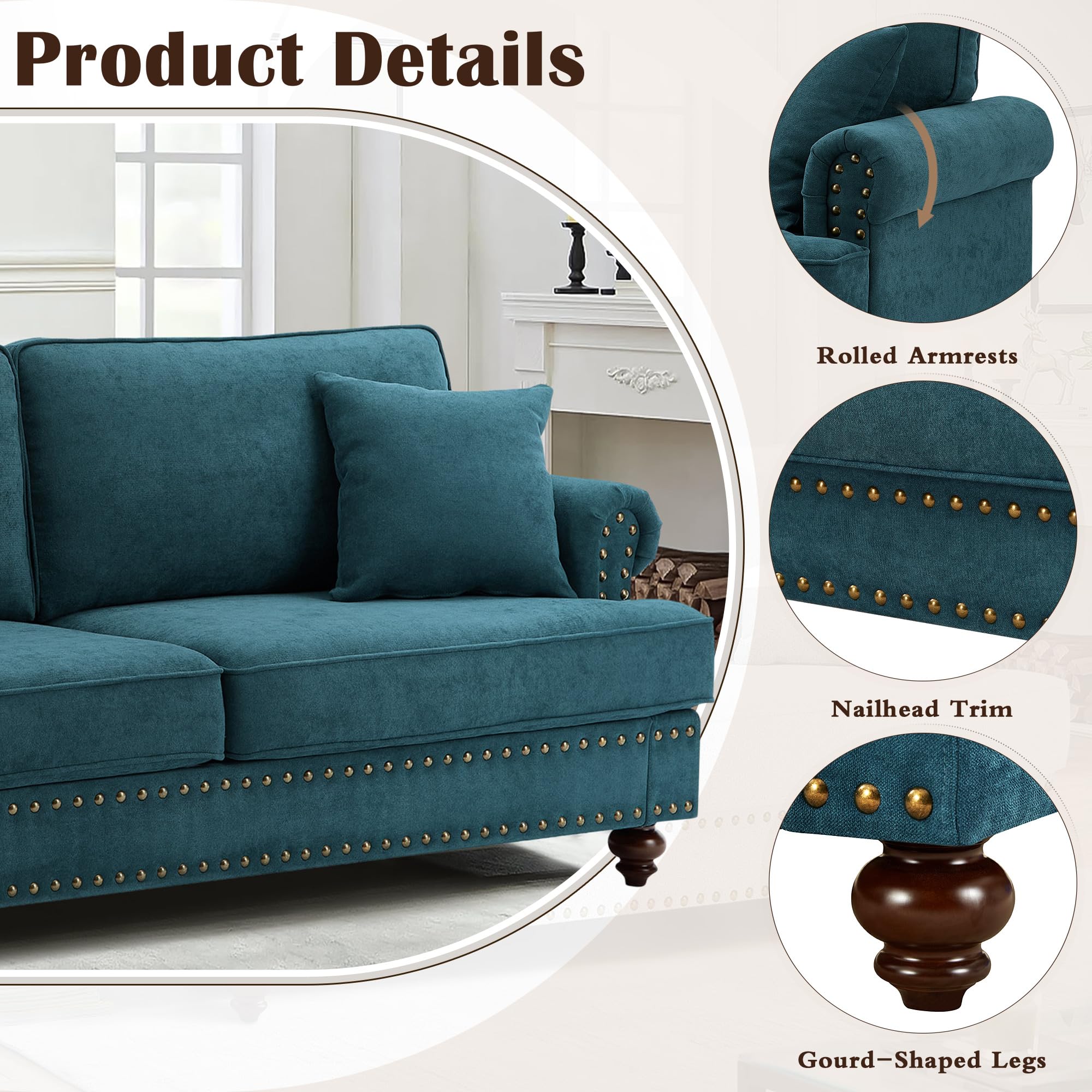 Mid Century Modern Sofa Set, Comfy Chenille Living Room Furniture Sets, Sectional Sofa and Loveseat Set Upholstered Couch Set Nailhead Trim Rolled Arms juegos de muebles de sala (White, 3 Piece)