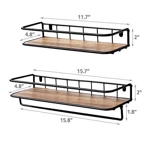 QEEIG Bathroom Shelves Over Toilet - Floating Wall Shelf with Towel Bar Farmhouse Set of 2, Rustic Brown (FS626)