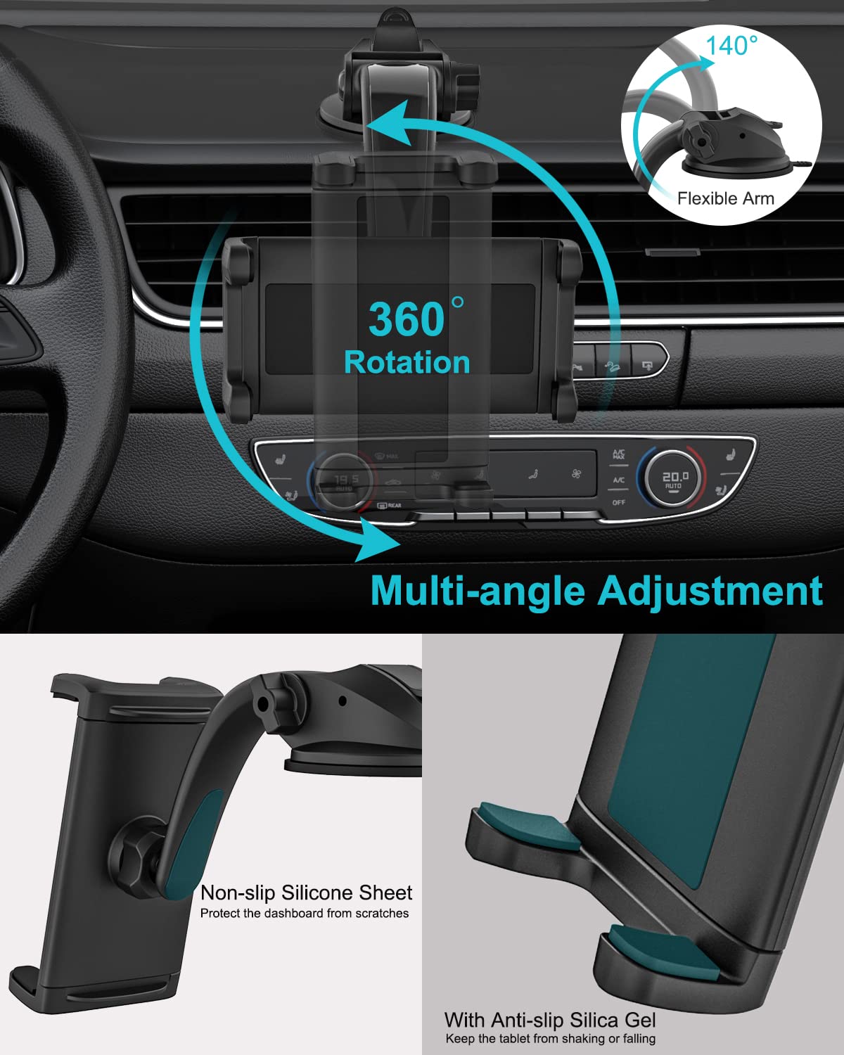 Aozcu Dashboard Car Tablet Mount for Truck, Strong Sticky Suction Cup iPad Holder, Dash Tablet Stand with Adjustable Arm for iPad Pro 12.9 11 Mini Air 5 4, Galaxy Tabs, iPhone, 4-13" Tablets & Phones