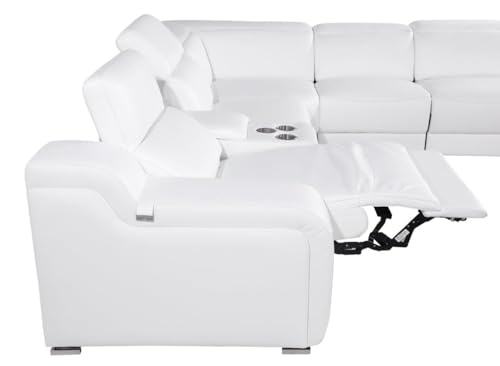 BlackJack Furniture Ibero 7-Piece Italian Leather Sectional Reclining Sofa Set with 4 Power Recliners, Adjustable Headrests, USB and Wireless Phone Charger, and Console Storage, White