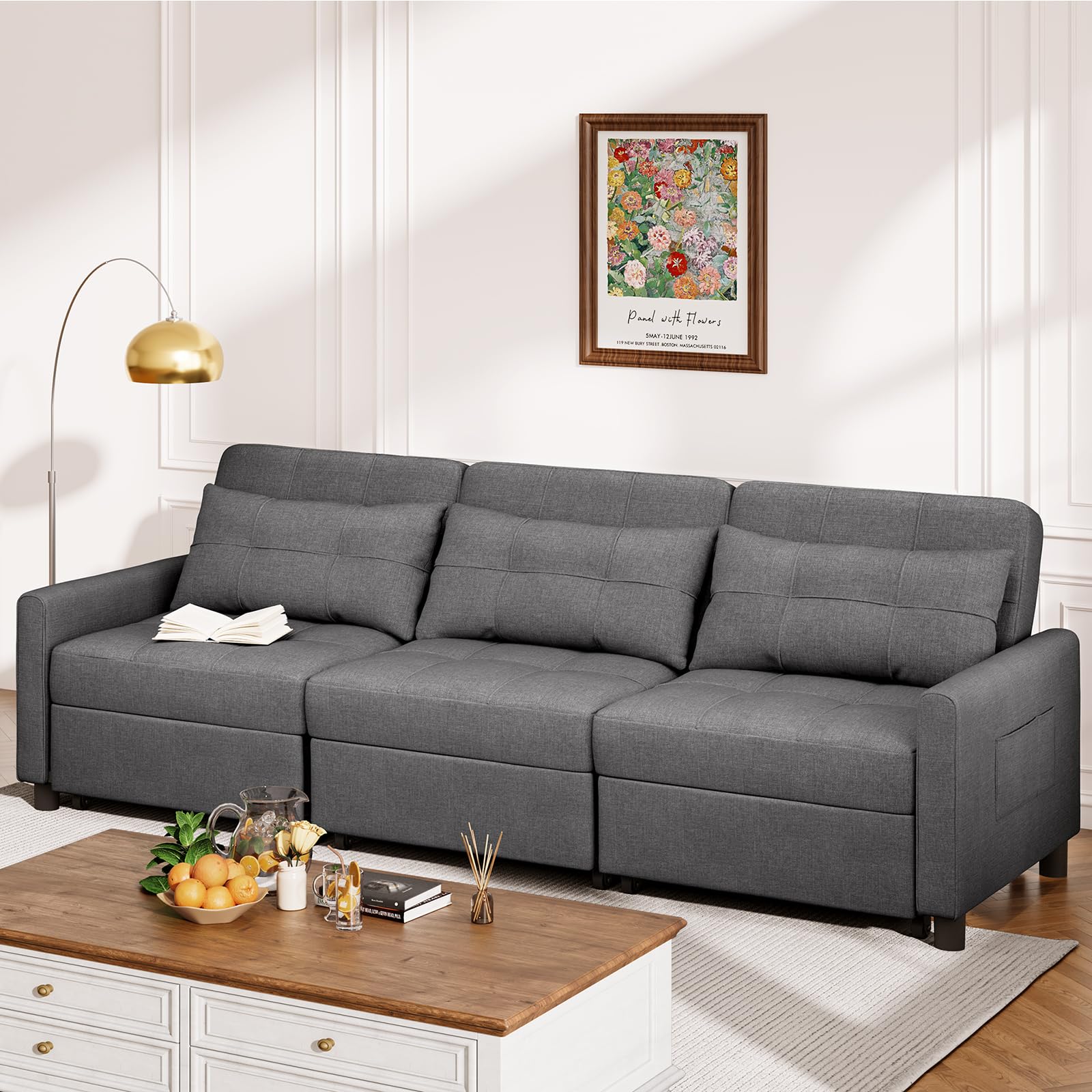Aiho 84 Inch Convertible Sectional Sleeper Sofa, Pull Out Sofa Bed with Adjustment Backrest & Ottoman, Sectional Couch Bed for Living Room, Guest Room, Dark Grey
