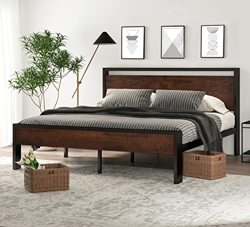 SHA CERLIN 14 Inch King Size Metal Platform Bed Frame with Wooden Headboard and Footboard, Mattress Foundation, No Box Spring Needed, Large Under Bed Storage, Non-Slip Without Noise, Mahogany