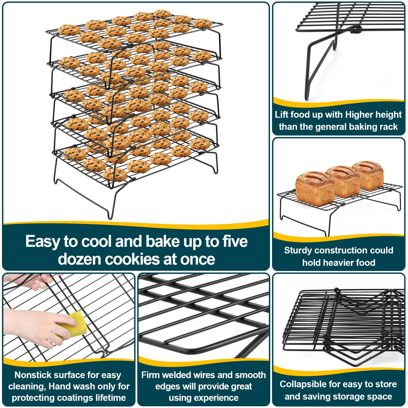 5-Tier Nonstick Cooling Racks, P&P CHEF Stackable Baking Rack Set for Cooking Roasting, Oven Safe & Easy Clean, Stainless Steel Core & Durable, 15β x 10β, Rectangle, Black