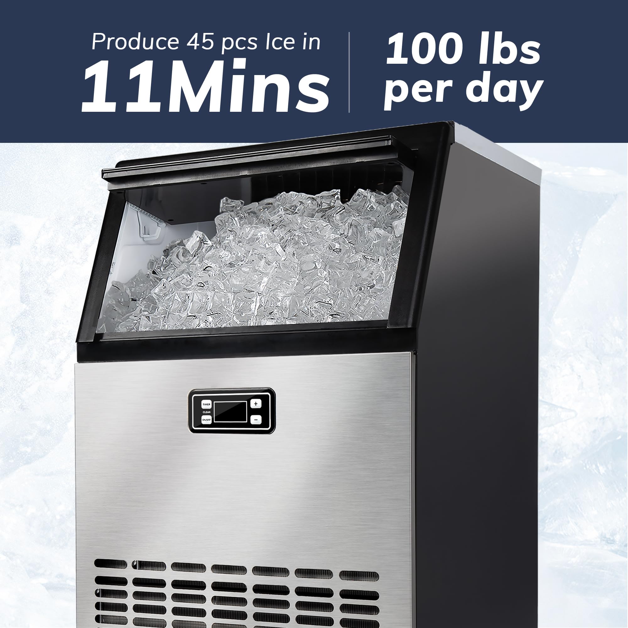 ICEVIVAL Commercial Ice Maker Machine, 100lbs/Daily Ice Production Under Counter Ice Maker, Self-Cleaning, Timer Stainless Ice Maker with 33lbs Ice Storage, Ideal for School, Home, Bar, RV