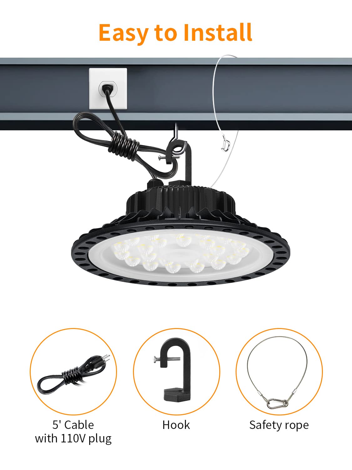 LED High Bay Light, 100W 12000LM UFO LED High Bay Lights with US Plug 5' Cable, Eqv.400W MH/HPS, 6500K Super Bright LED Shop Lights IP65 Area Light Fixture Bay Lighting for Garage Factory Workshop