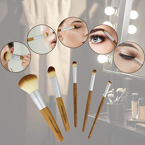 Bamboo Naturals Makeup Brushes, Natural Bamboo Handles, Includes Five Brushes: Powder Foundation and Liquid Foundation Brush, Eyeshadow Brush, Smudge Brush, Angled Eyeliner Brush, 11 x 1.3 x 7, 5 PC