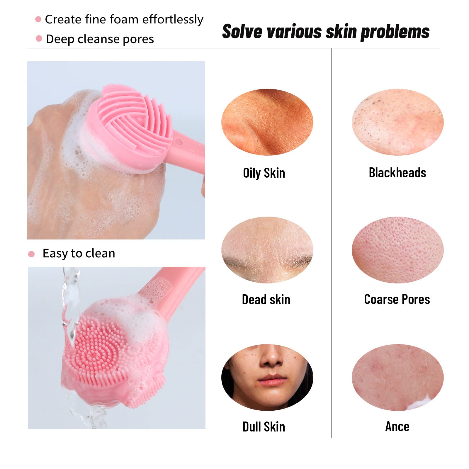 Silicone Facial Cleansing Brush 3 Designs, Beomeen 4 in 1 Handheld Face Scrubber for Deep Gentle Exfoliating, Double-Ended Face Wash Scrub Brush for Face Skincare and Massage (Pink)