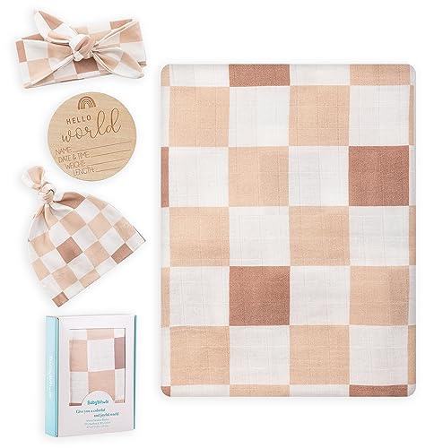 BabyWhale Muslin Swaddle Blanket with Hat and Headband Bow, Checkered Pattern Swaddle Set for Baby Boys & Girls, Unisex Newborn Soft Receiving Swaddle Wrap, 47x47 inches