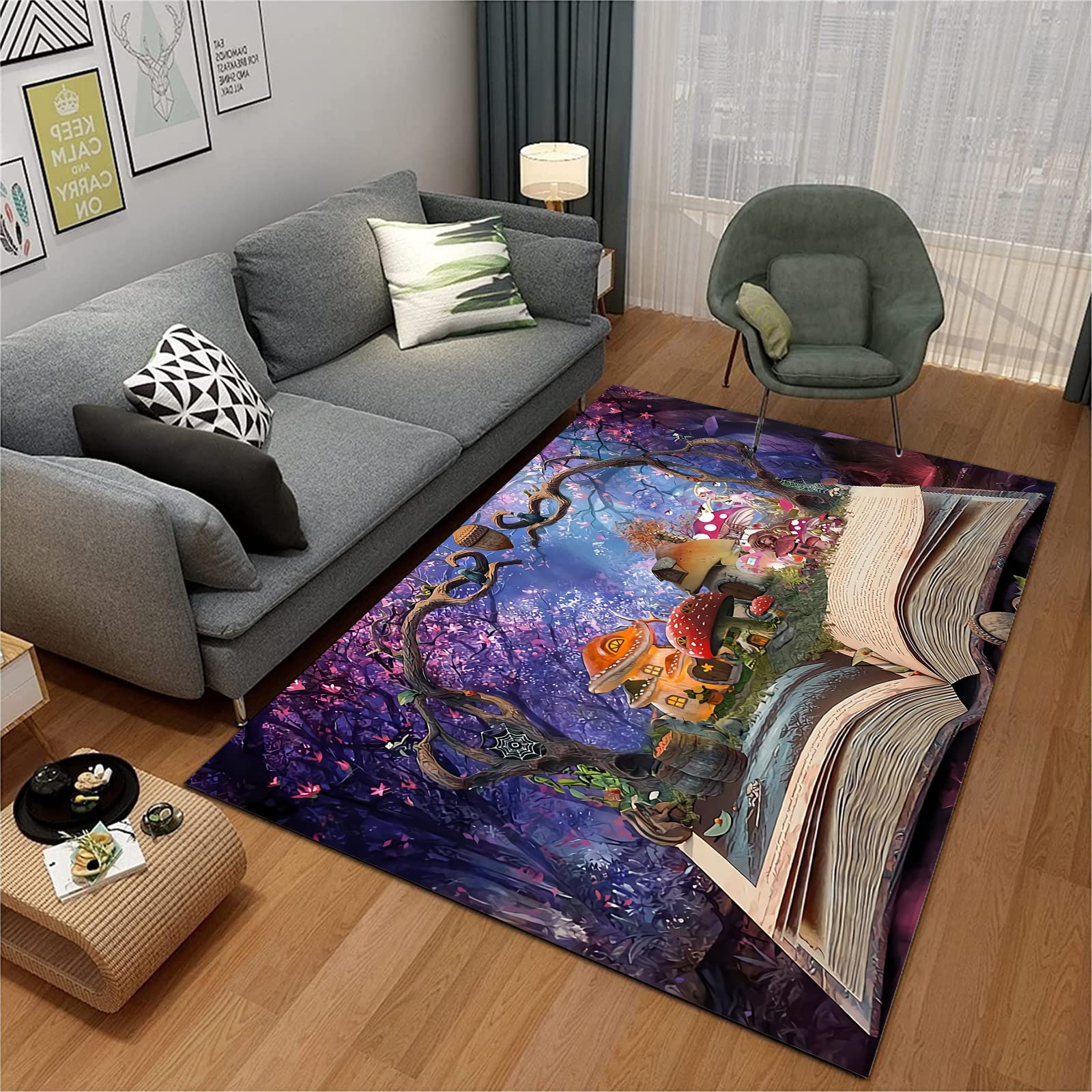 LGGQQW Magical Forest Area Rug Mushroom Tree Cat Pink Flower Fairy Tale World Carpet Home Decor