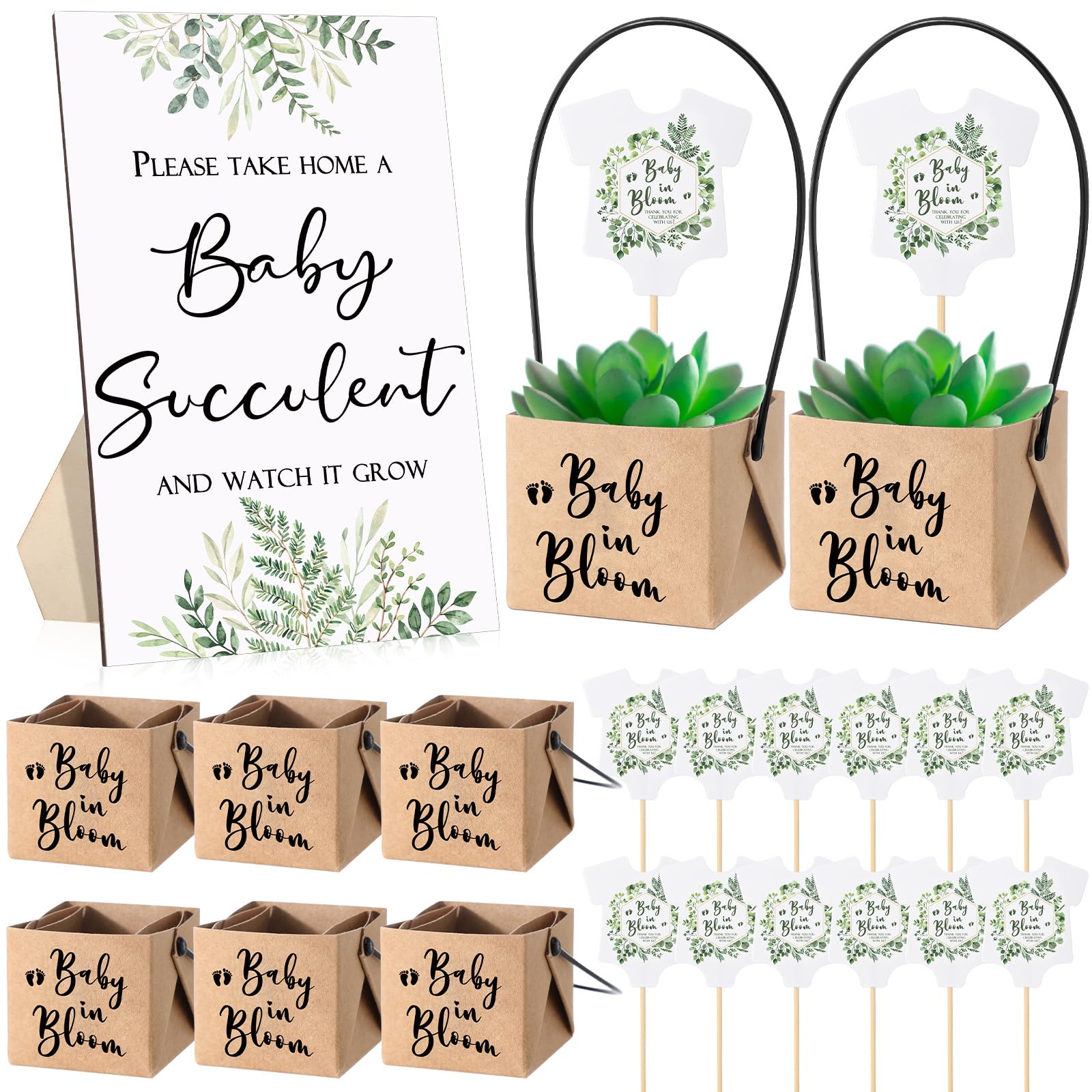 Geetery 101 Pcs Baby Shower Party Favors 1 Baby Shower Decoration 50 Baby in Bloom Tag 50 Kraft Paper Succulent Pots baby Succulents Favors for Guest Gift, NOT Include Plant (Greenery)