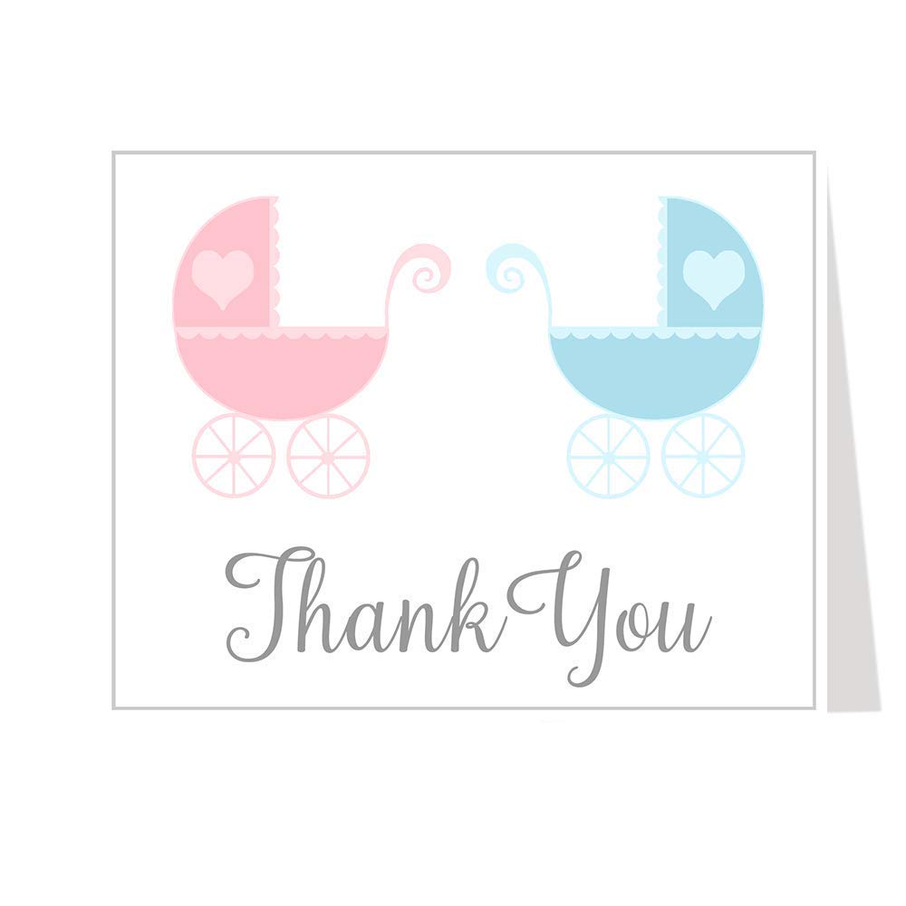 The Invite Lady Baby Shower Thank You Cards Twins Boy Girl Gender Reveal Notes With Envelopes (24 Count)